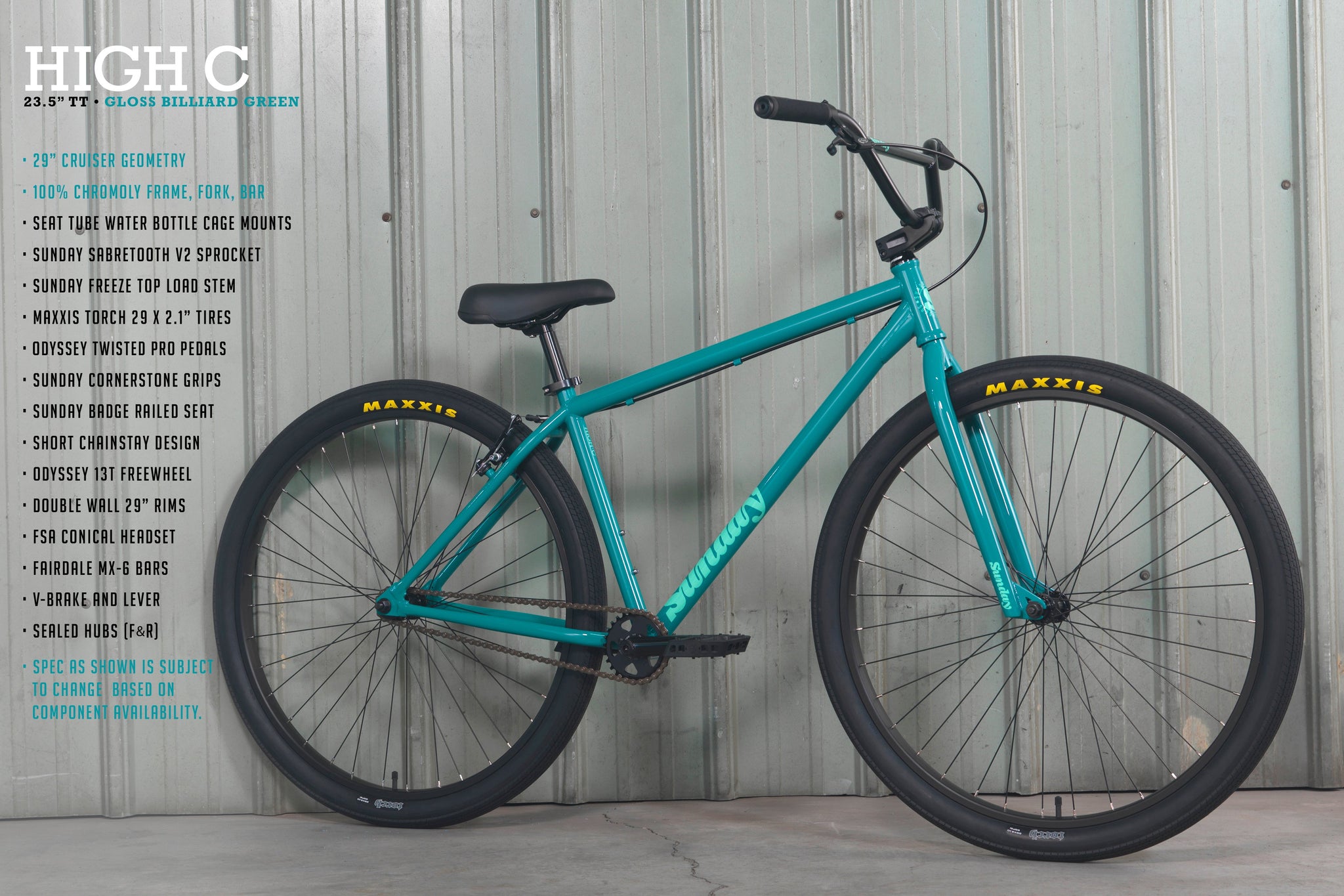 Sunday High C 29" (Gloss Billiard Green with 23.5" tt) | Sunday Bikes